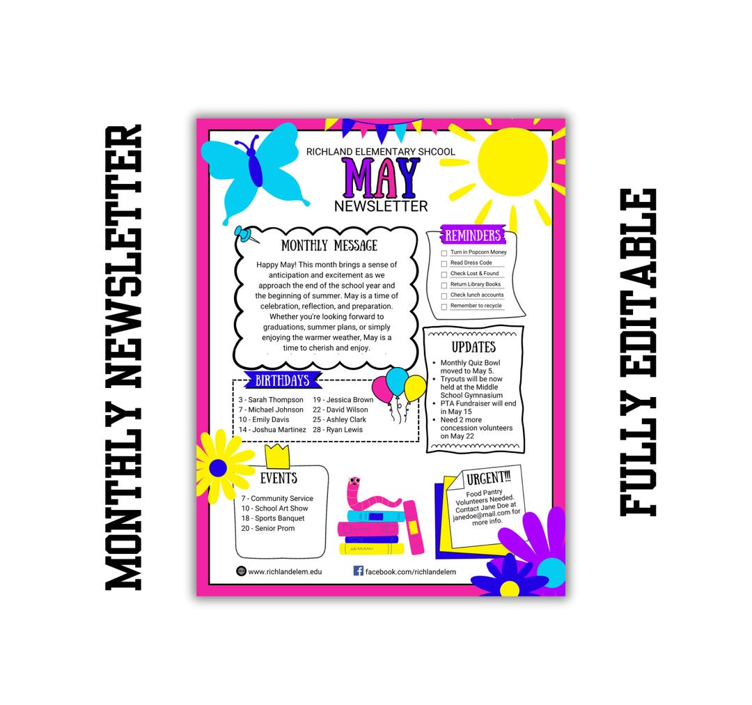 MAY MONTHLY NEWSLETTER, All Elements Are Editable, Great for Schools ...