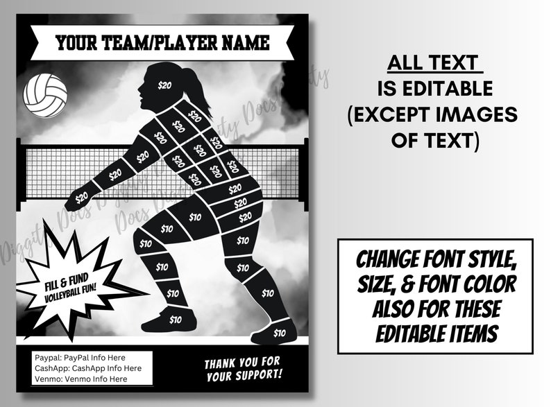 EDITABLE VOLLEYBALL Fill in Fundraiser Template Volleyball Fill & Fund Fundraiser Sheet AAU ...