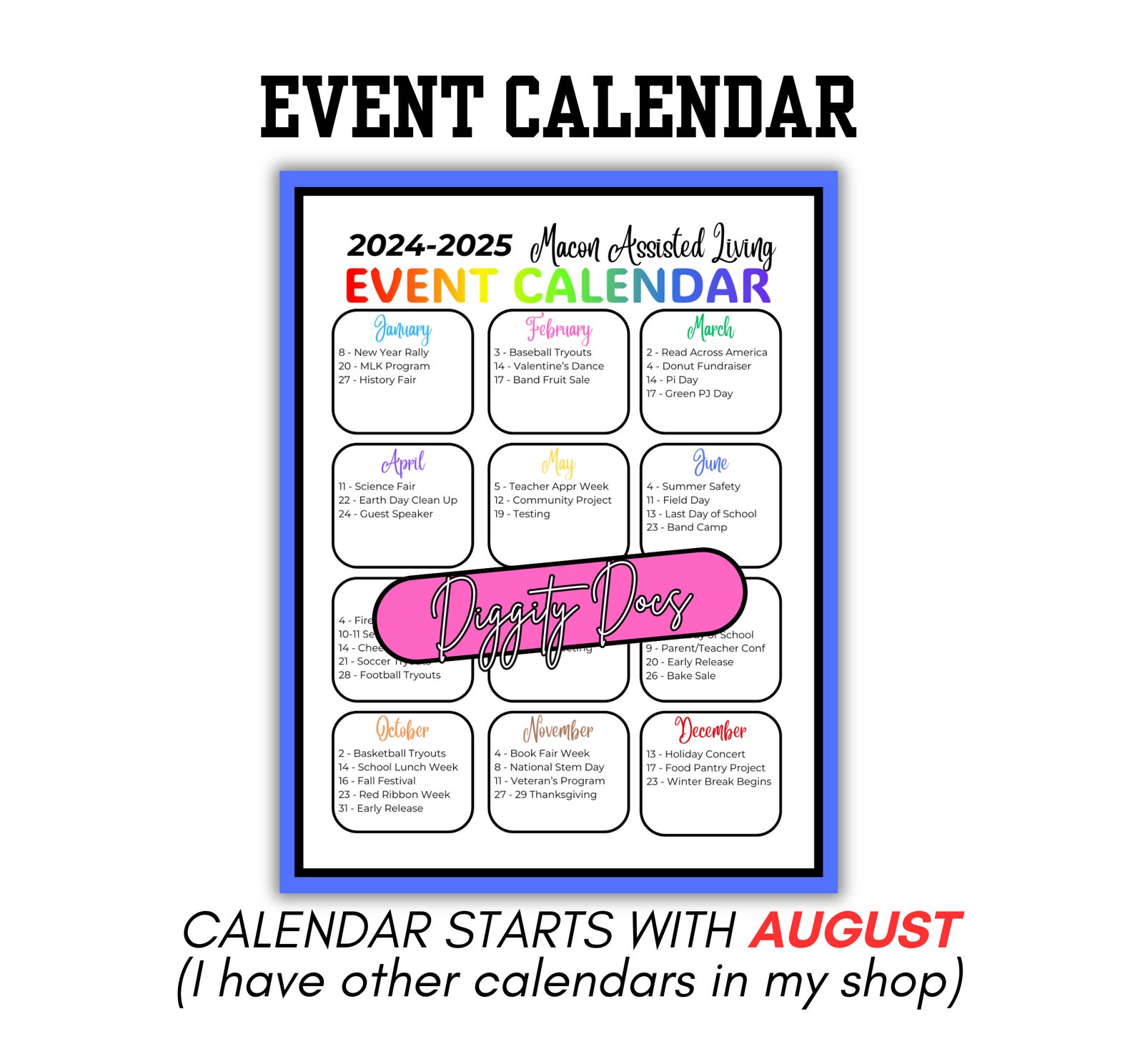 CALENDAR OF EVENTS, Starts With January, Planner, Events Template ...
