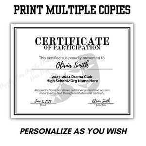 EDITABLE DRAMA CLUB Certificate of Participation| Theater Arts ...