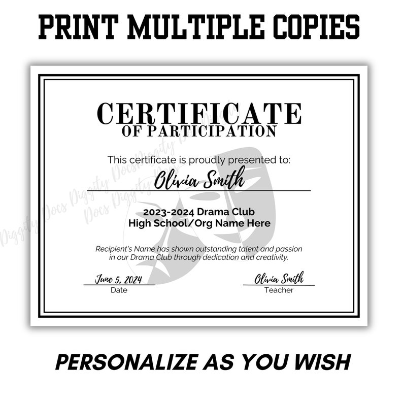 EDITABLE DRAMA CLUB Certificate of Participation| Theater Arts ...