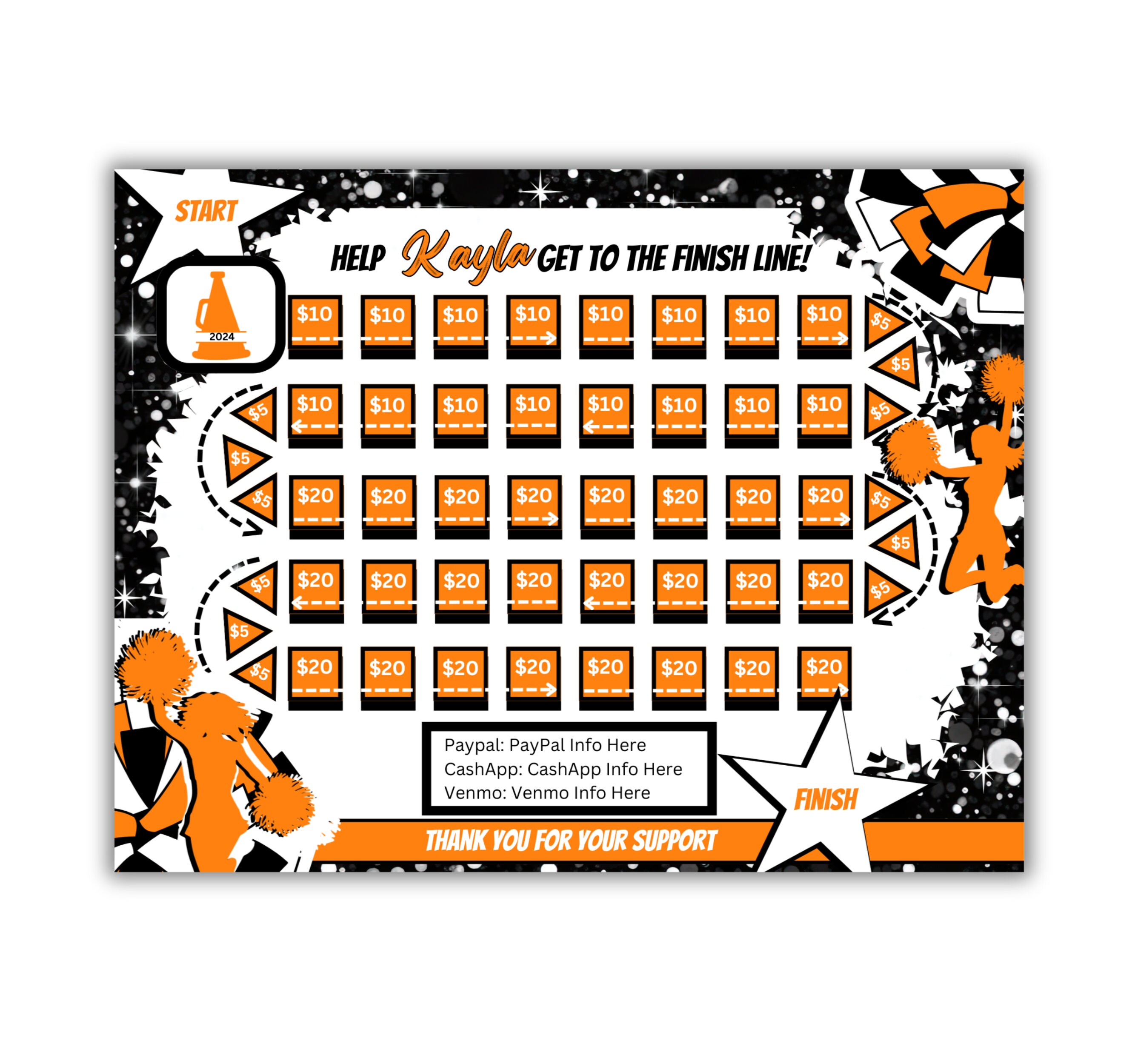 LARGE UNIQUE CHEER Fill in Fundraiser Game Board Editable Cheer ...