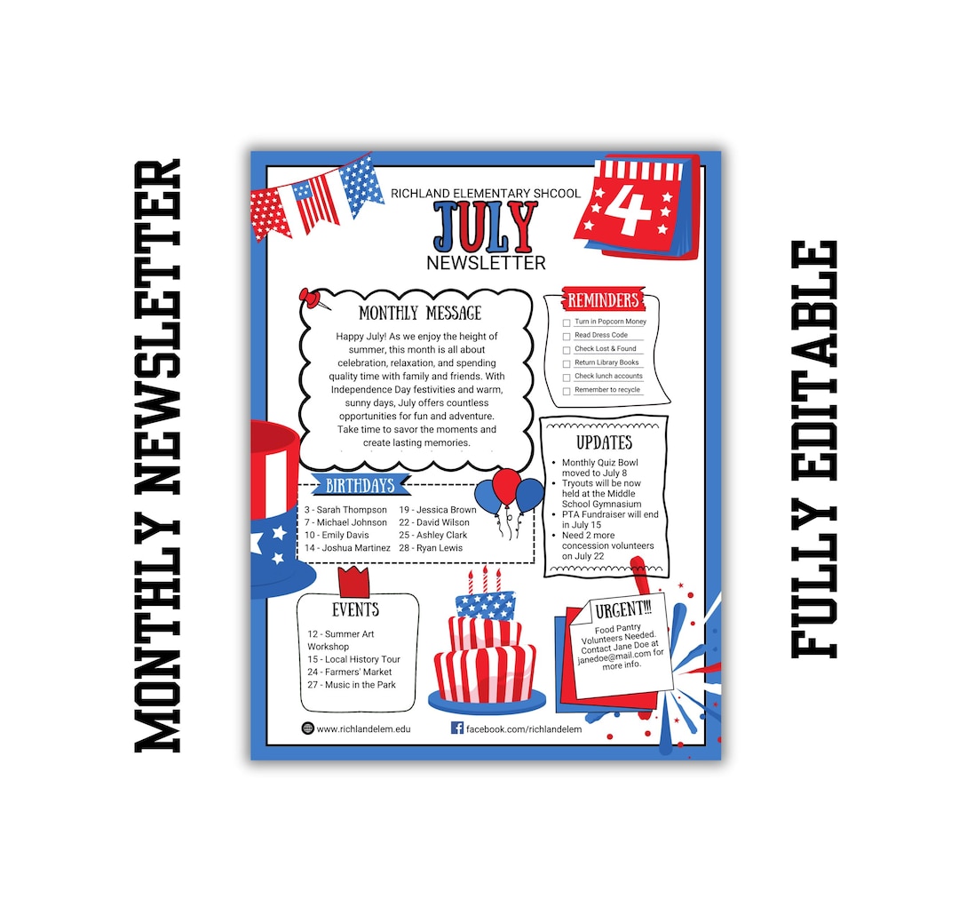 JULY MONTHLY NEWSLETTER, All Elements Are Editable, Great for Schools ...