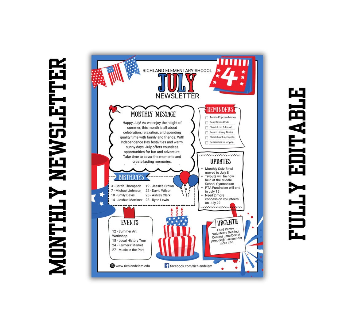 JULY MONTHLY NEWSLETTER, All Elements Are Editable, Great for Schools ...