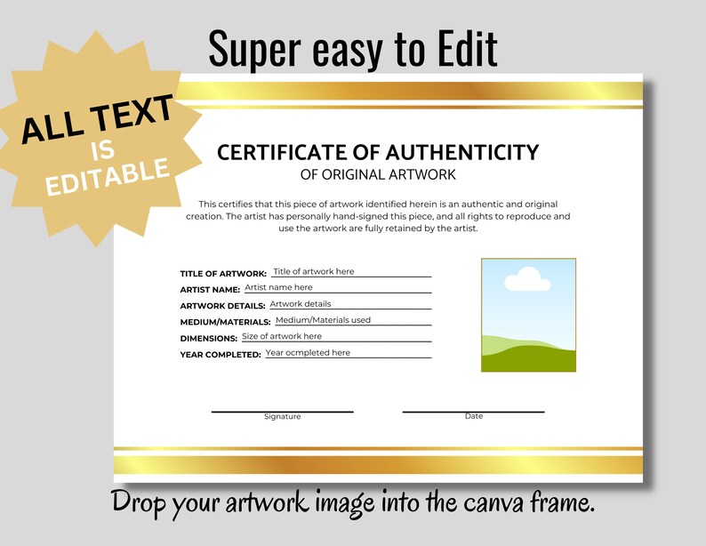 Artwork Certificate of Authenticity Template Digital Download Printable ...