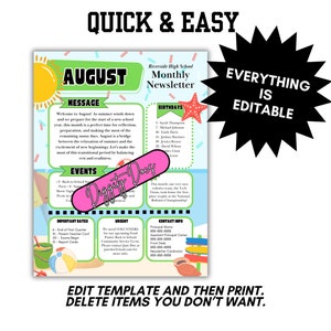 AUGUST MONTHLY NEWSLETTER, All Elements Are Editable, Great for Schools ...
