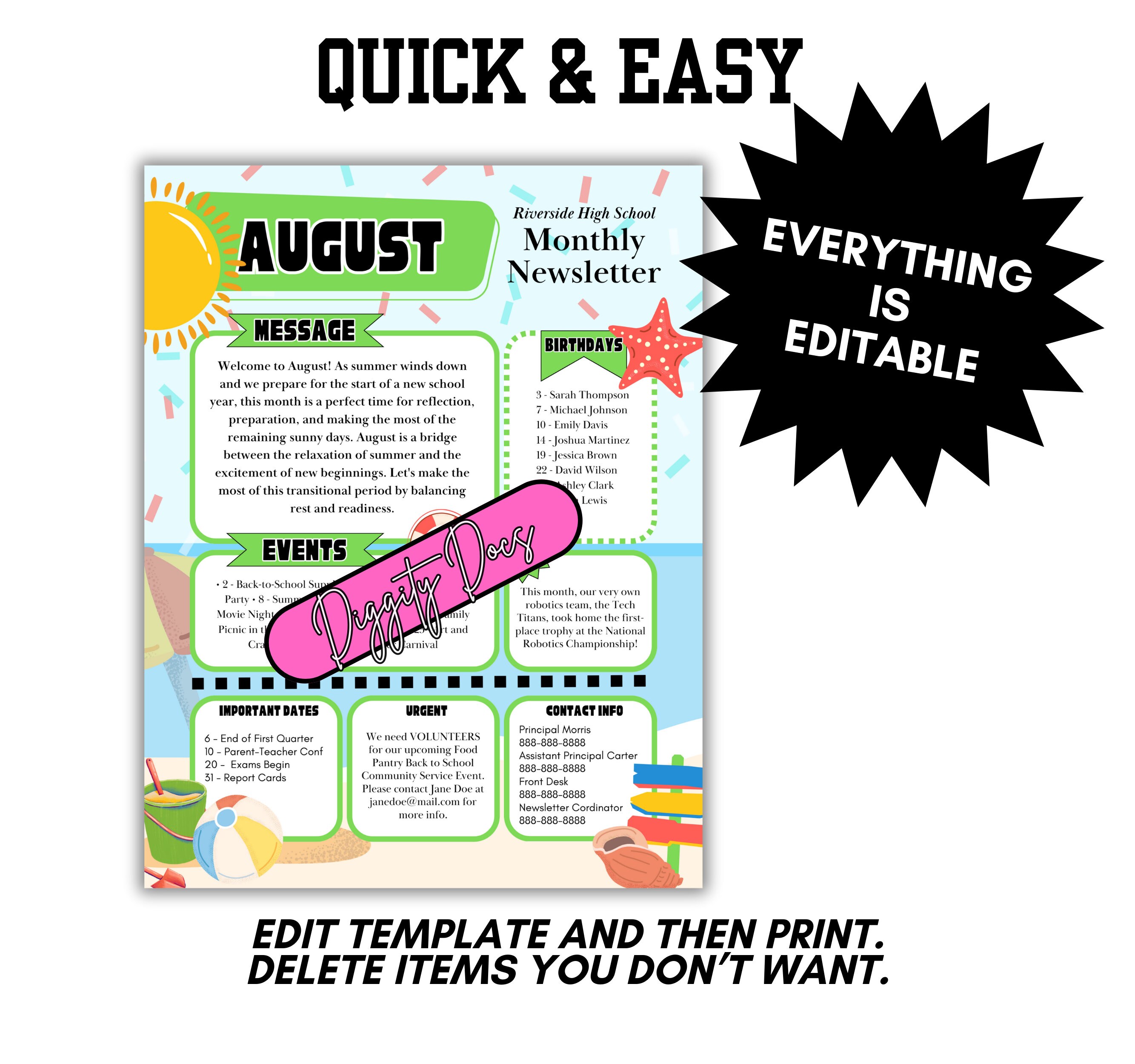 AUGUST MONTHLY NEWSLETTER, All Elements Are Editable, Great for Schools ...