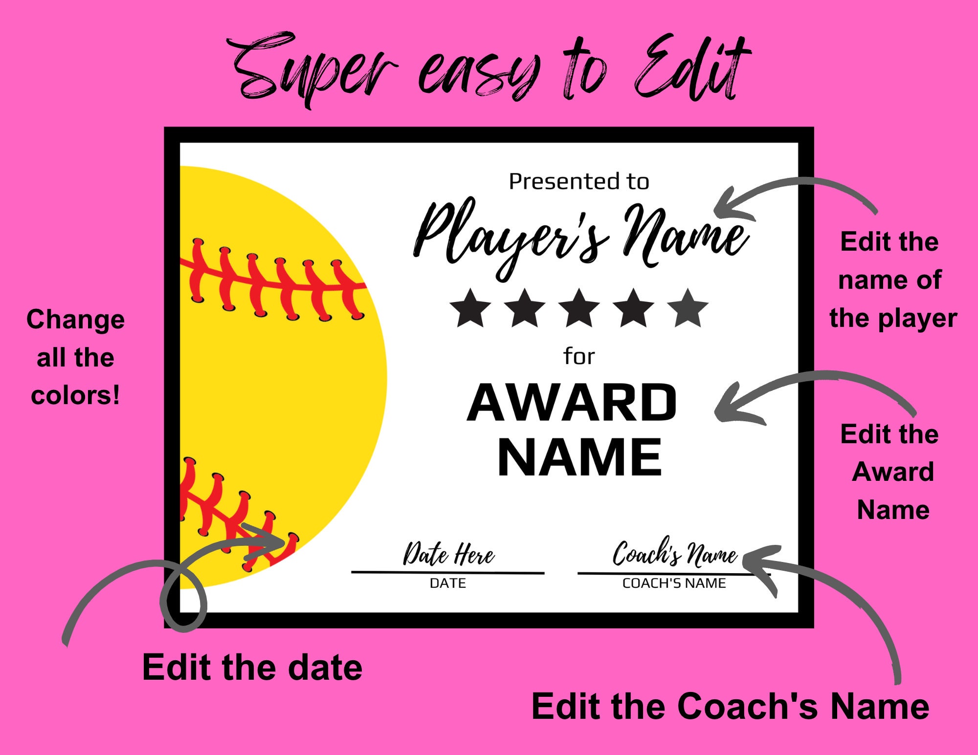 EDITABLE Softball Award Certificates Softball Awards End - Etsy