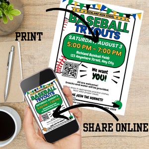 BASEBALL TRYOUTS Flyer, Fully Editable, High School Team Tryouts, AAU ...
