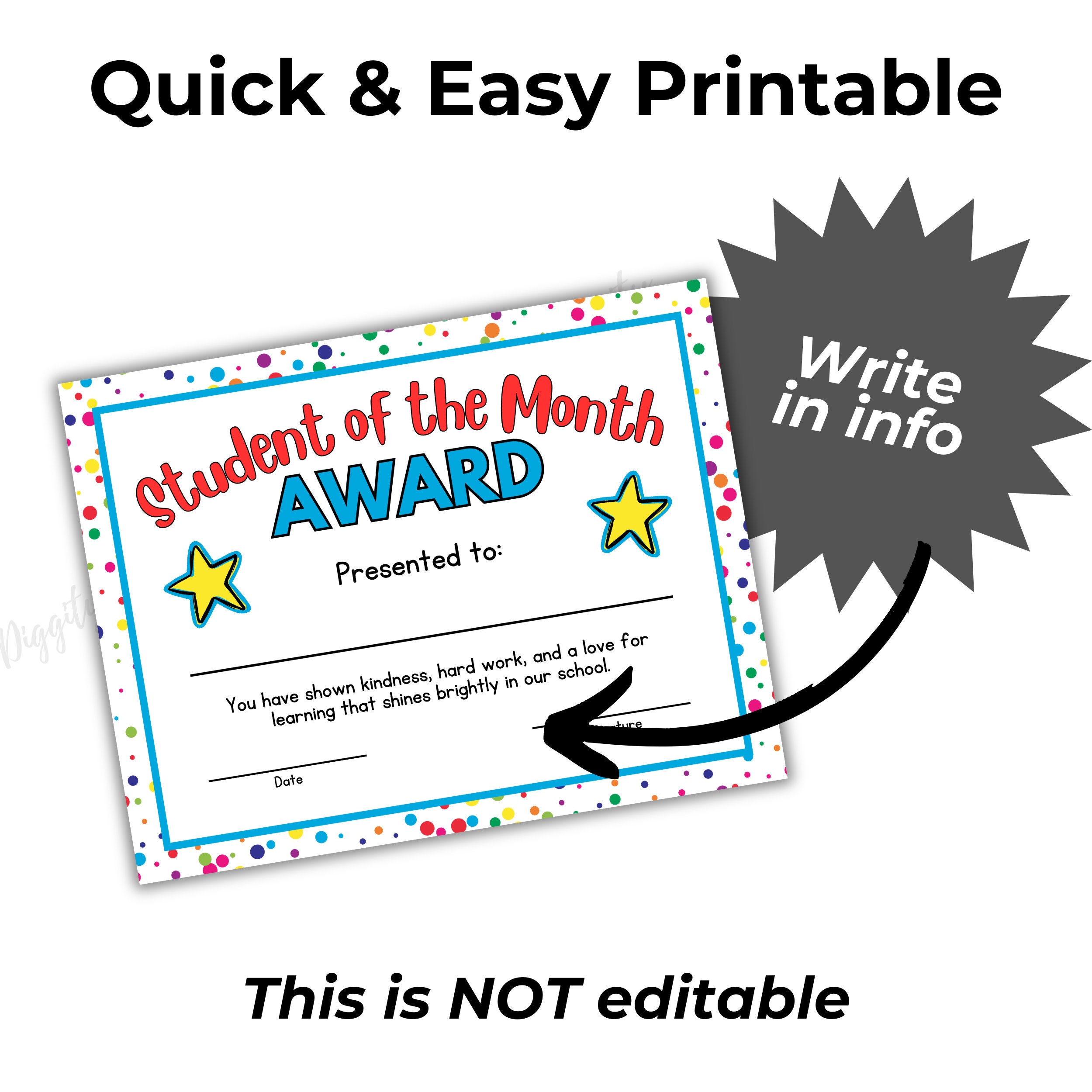 STUDENT of the MONTH Certificate School Award Printable PDF School ...