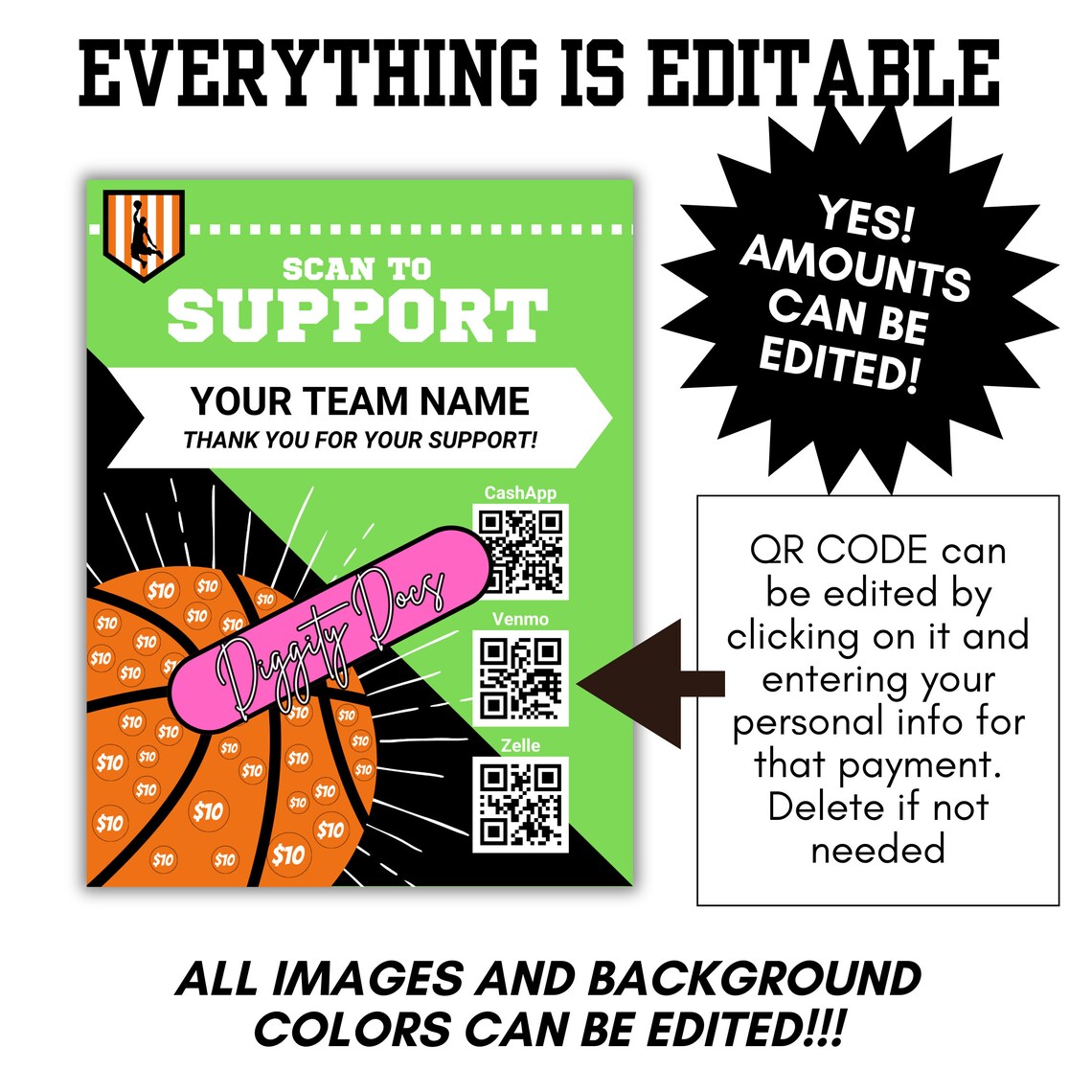 BASKETBALL FUNDRAISER With QR Code, Color Changing, Custom Template ...