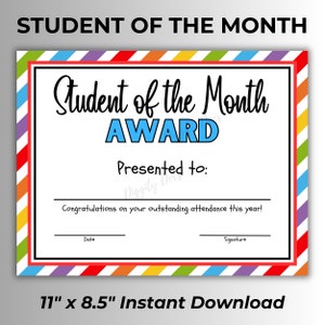STUDENT of the MONTH Certificate School Award Printable PDF School ...