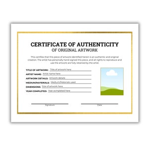 Artwork Certificate of Authenticity Template Digital Download Printable ...
