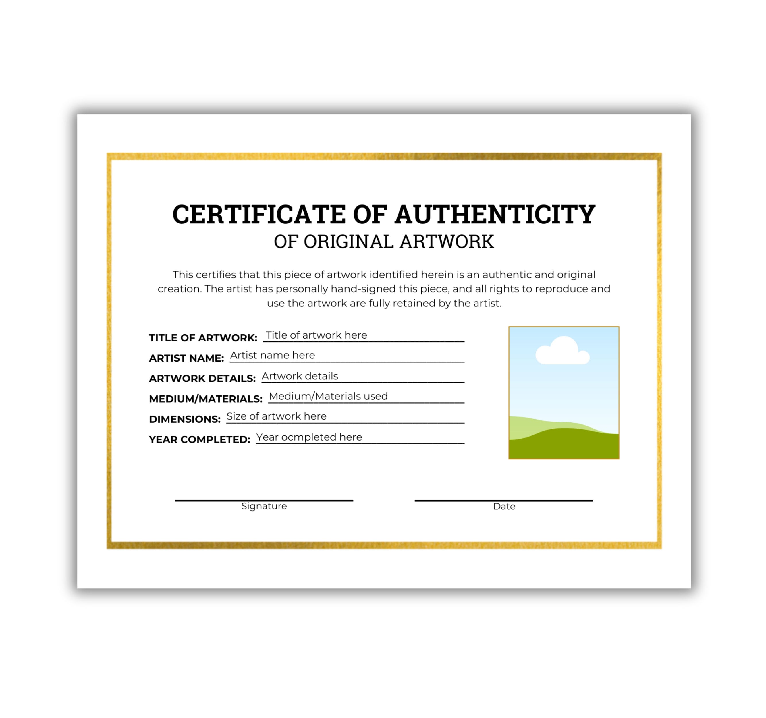 Artwork Certificate of Authenticity Template Digital Download Printable ...