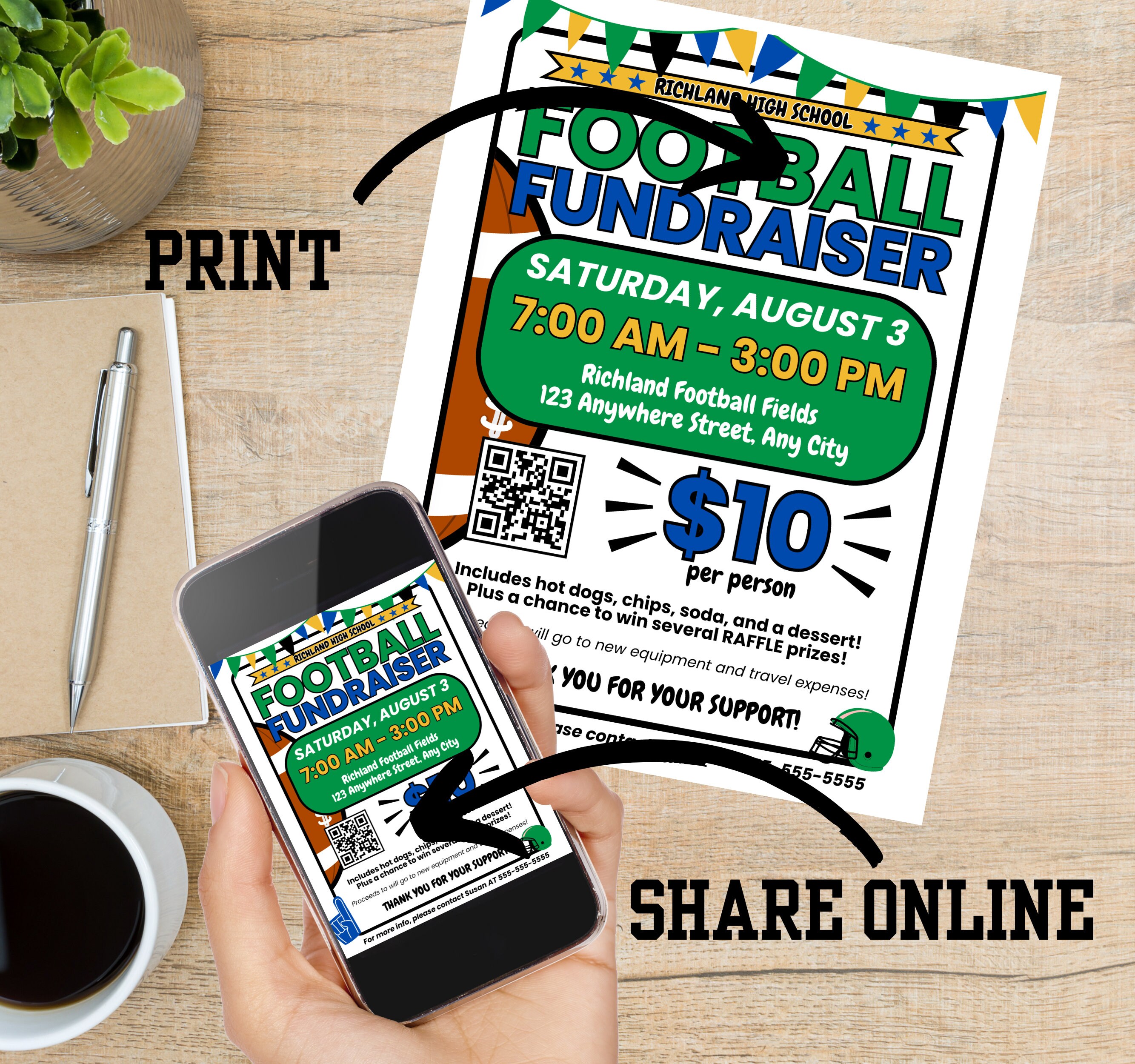 FOOTBALL FUNDRAISER TEMPLATE Flyer, All Elements Editable, Event Raffle ...
