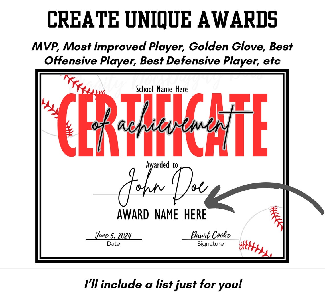 BASEBALL Certificate Award Template | Text Editable Template ...