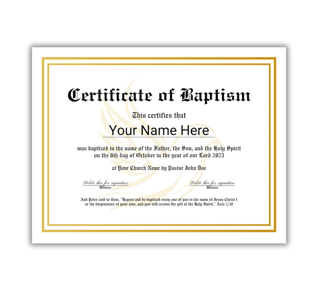 BAPTISM CERTIFICATE TEMPLATE Customizable Personalized Baptismal Record ...