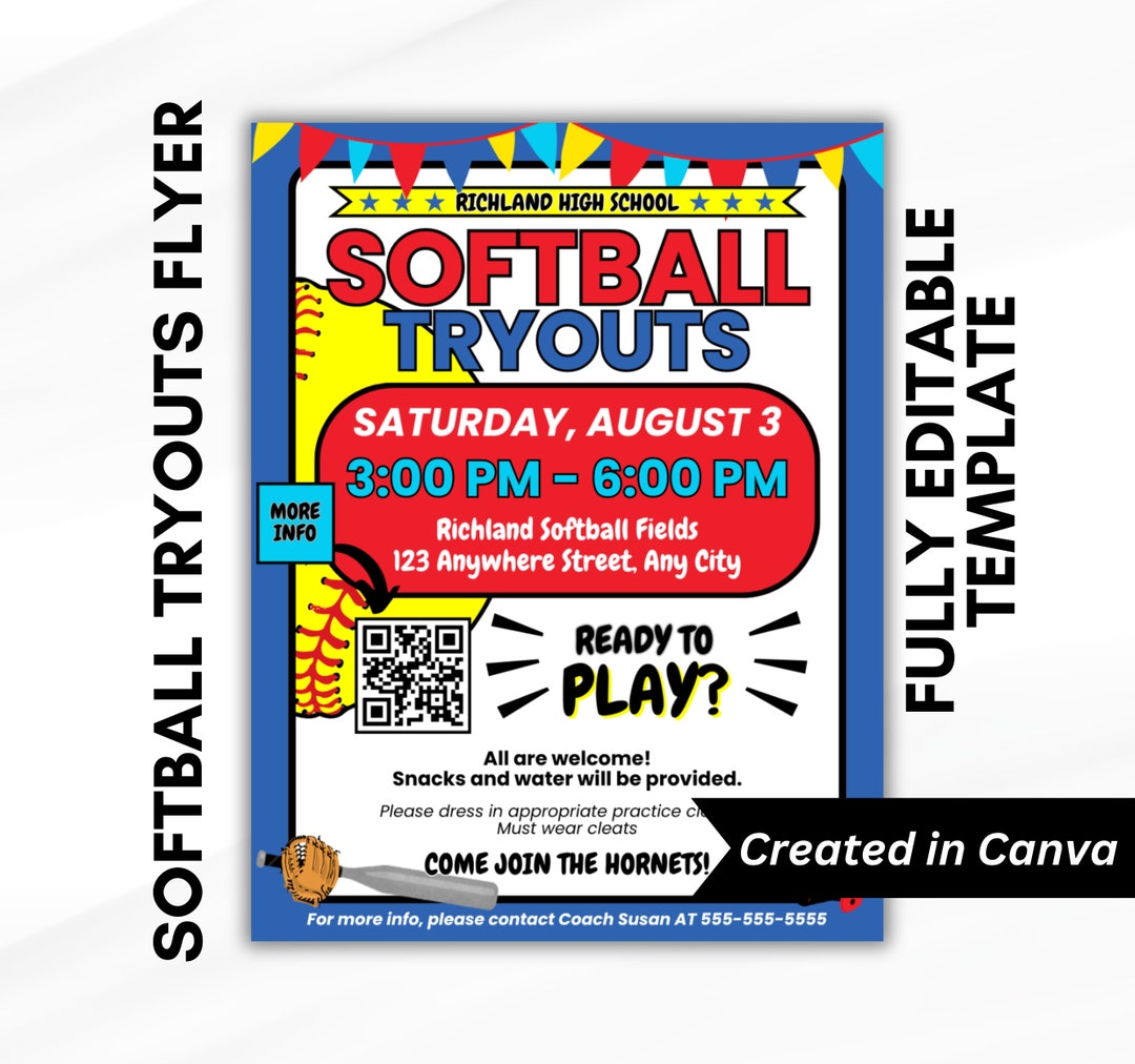 Softball TRYOUTS Flyer Event, All Elements Fully Editable, Printable ...