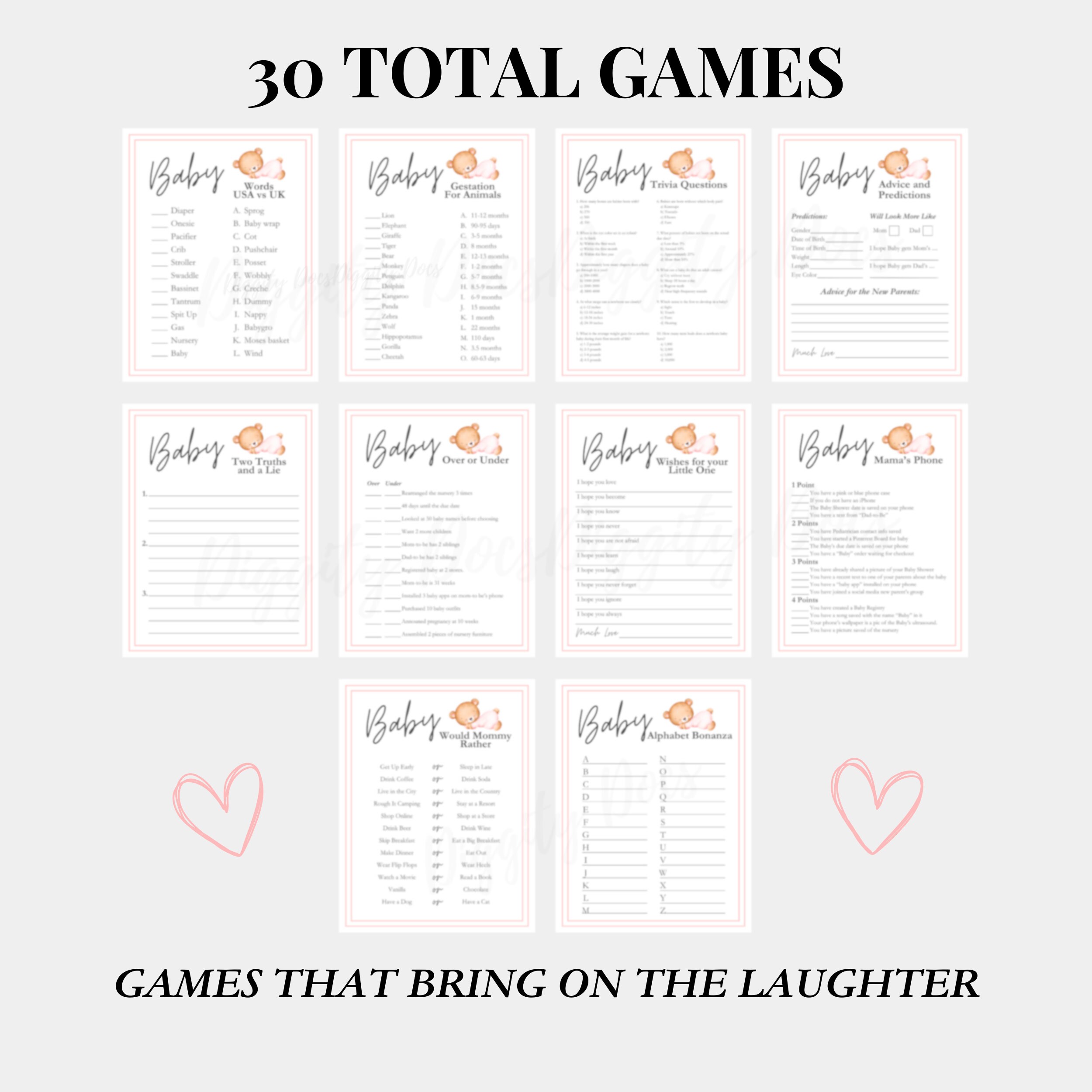 BABY SHOWER GAMES | Printable | Pink Bear Design | Set of 30, Non ...