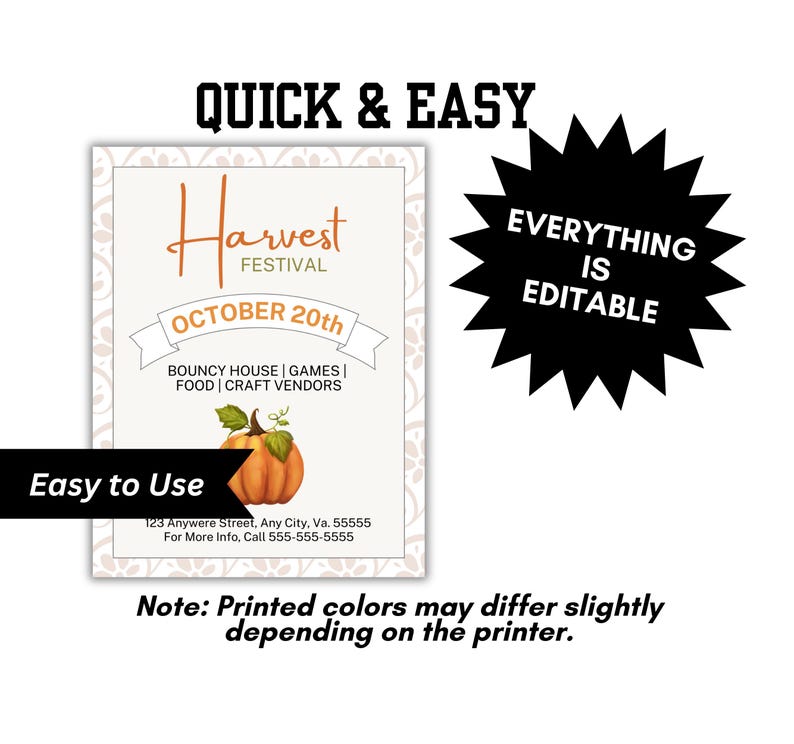 Editable Harvest Festival Flyer, Customizable Fall Event Poster, Autumn ...