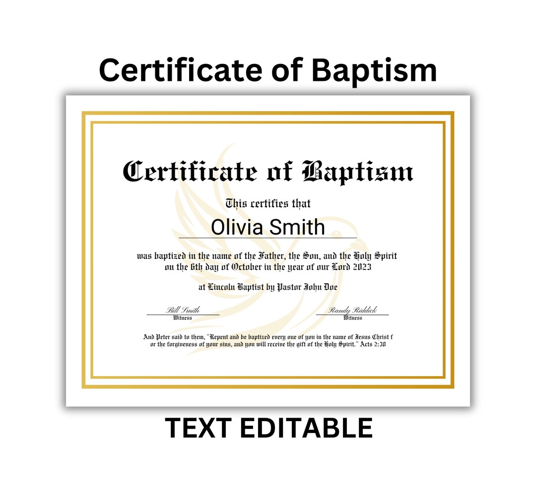 BAPTISM CERTIFICATE TEMPLATE Customizable| Personalized Baptismal Record | Printable Church ...