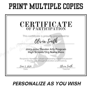 EDITABLE Theater Arts Certificate of Participation | Drama Club ...