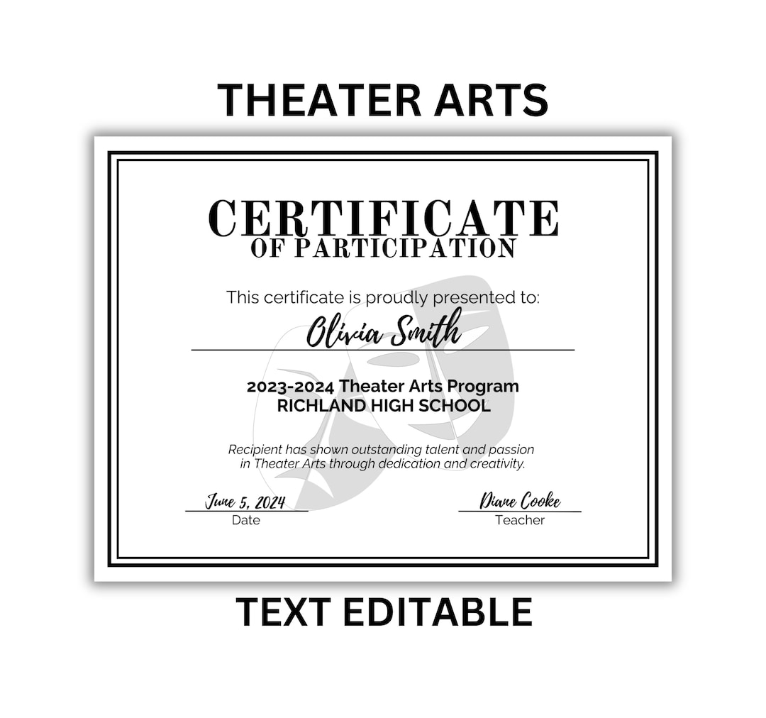 EDITABLE Theater Arts Certificate of Participation | Drama Club ...