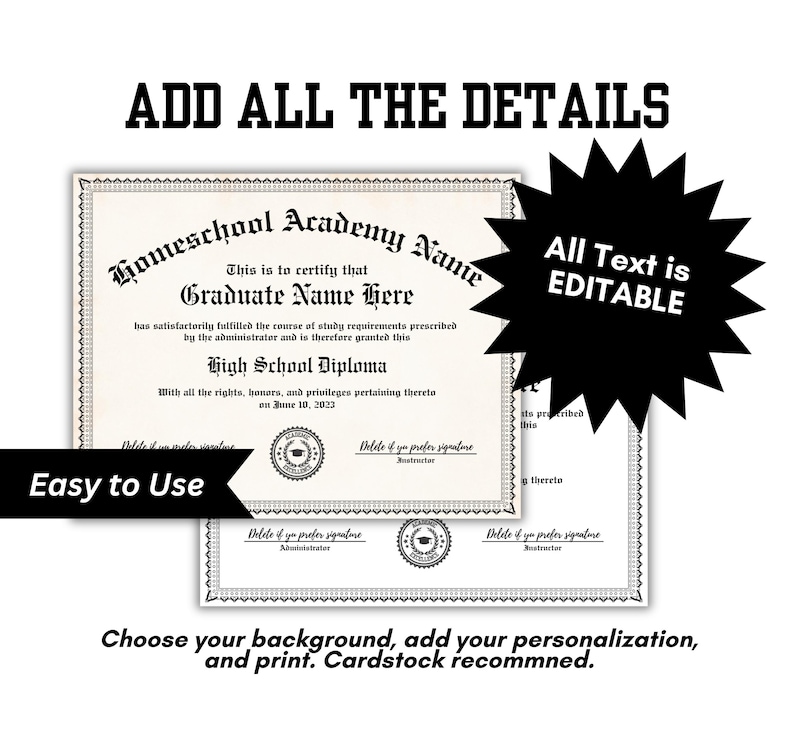 Homeschool High School Diploma Template, Printable Graduation ...