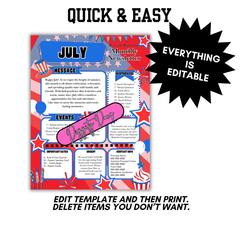 JULY MONTHLY NEWSLETTER, All Elements Are Editable, Great for Schools ...
