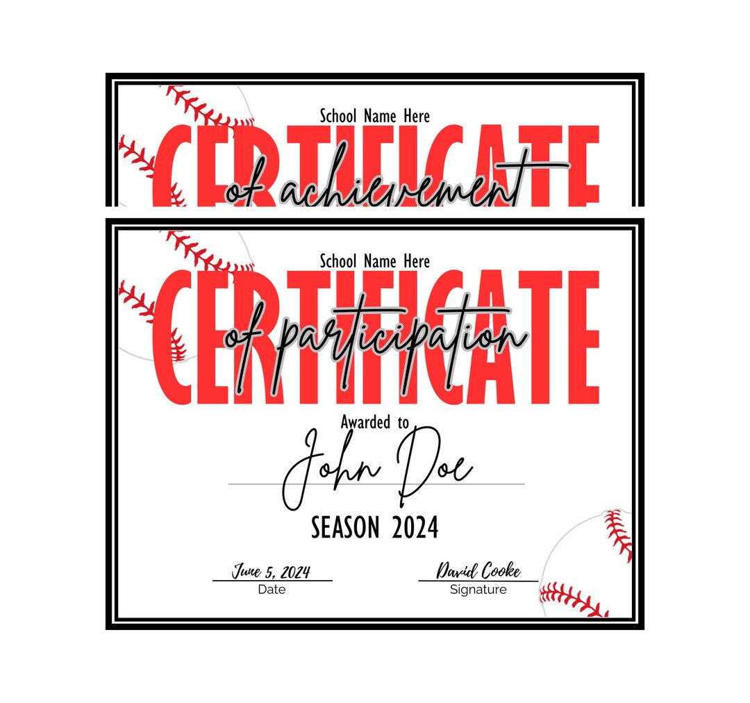 BASEBALL Certificate Award Template Text Editable Template Printable ...