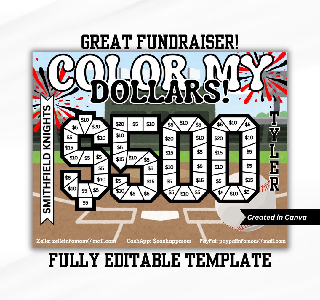 FULLY EDITABLE Color My Dollars Baseball Fundraiser, 11" X 8.5", Color ...