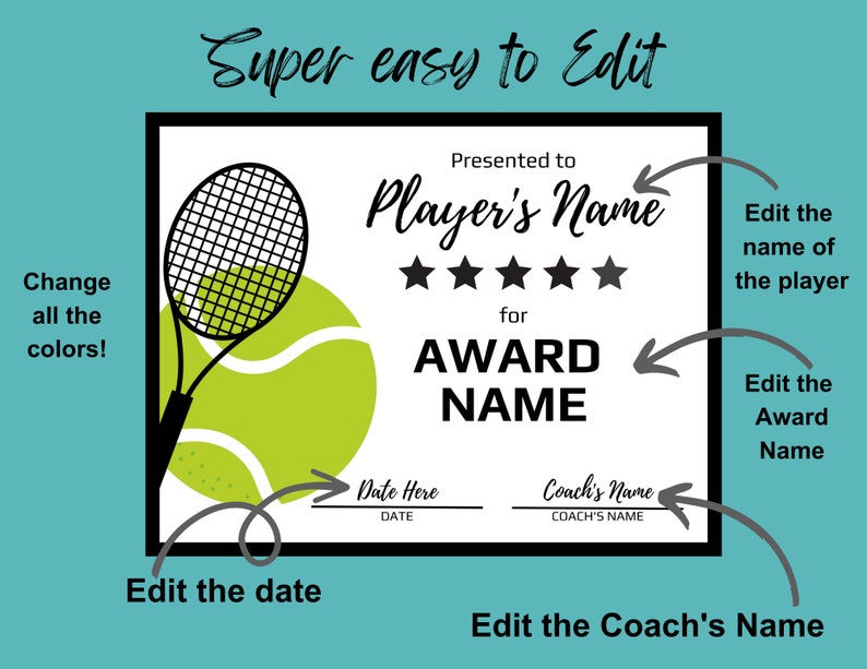 EDITABLE TENNIS Award Certificates Tennis Awards End of - Etsy