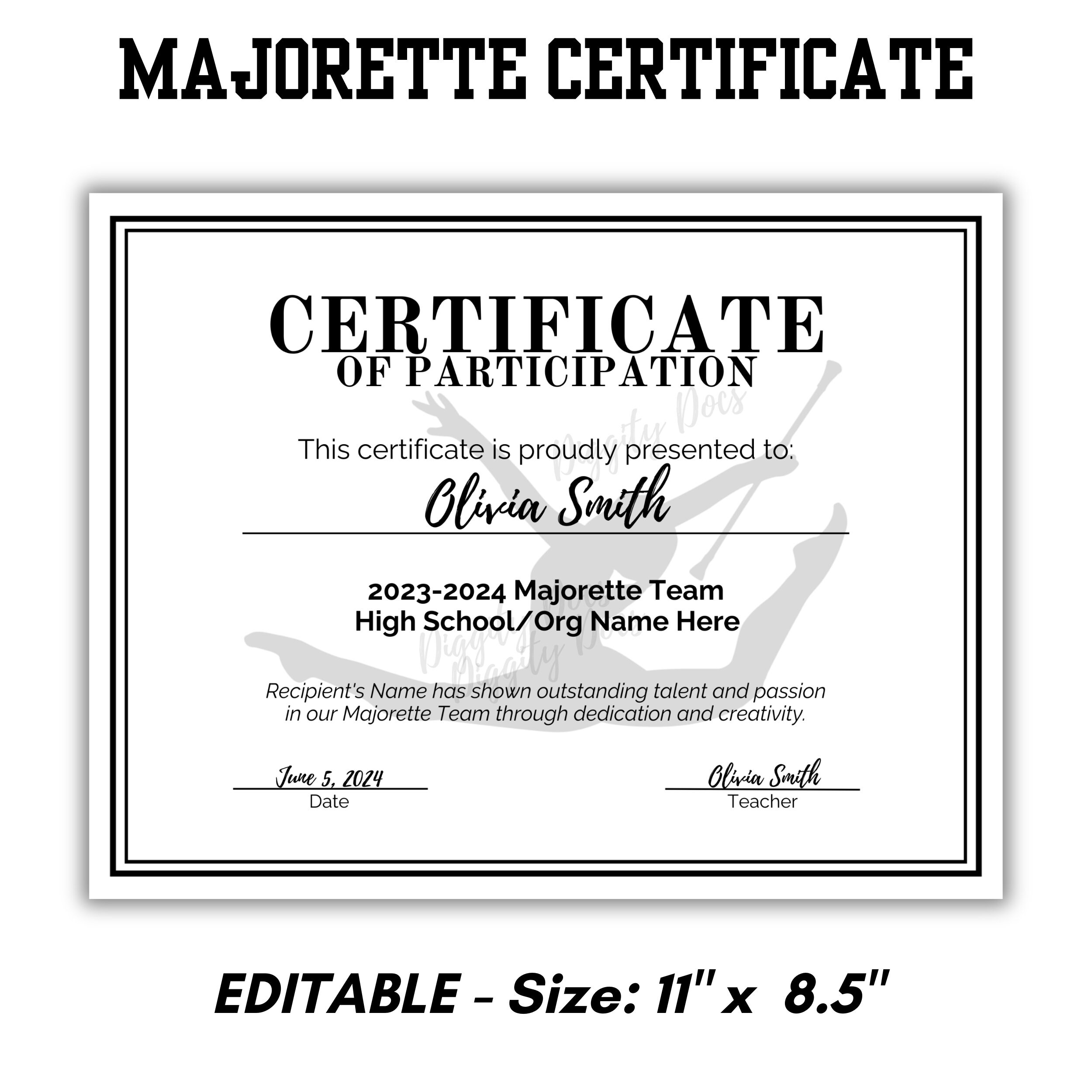 MAJORETTE CERTIFICATES Editable 11x8.5 Dance Team Majorette Dance Team ...