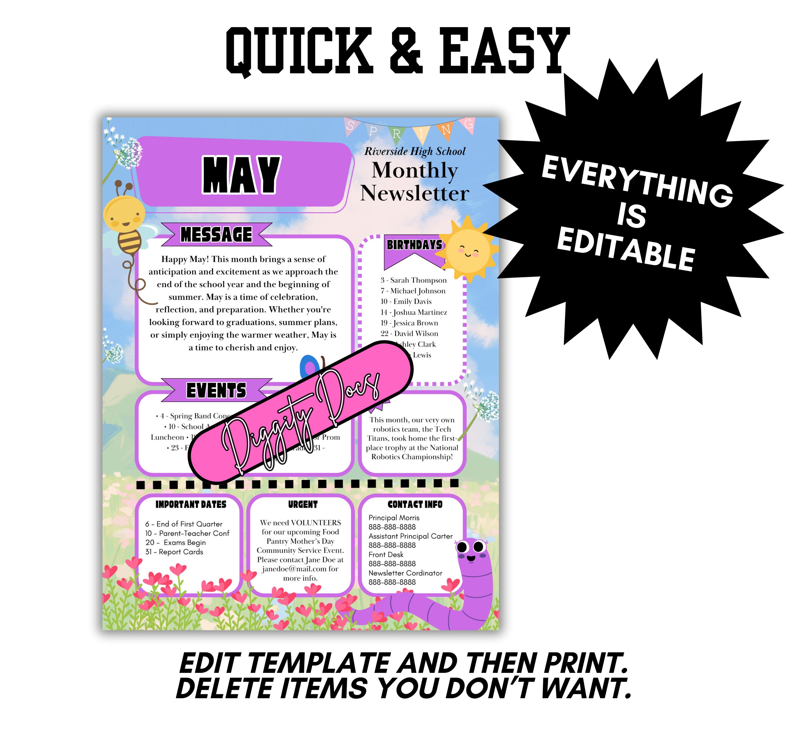 MAY MONTHLY NEWSLETTER, All Elements Are Editable, Great for Schools ...