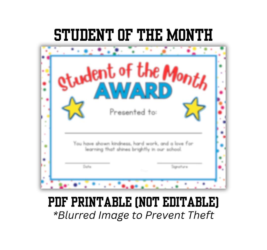 STUDENT of the MONTH Certificate - School Award Printable PDF | School ...