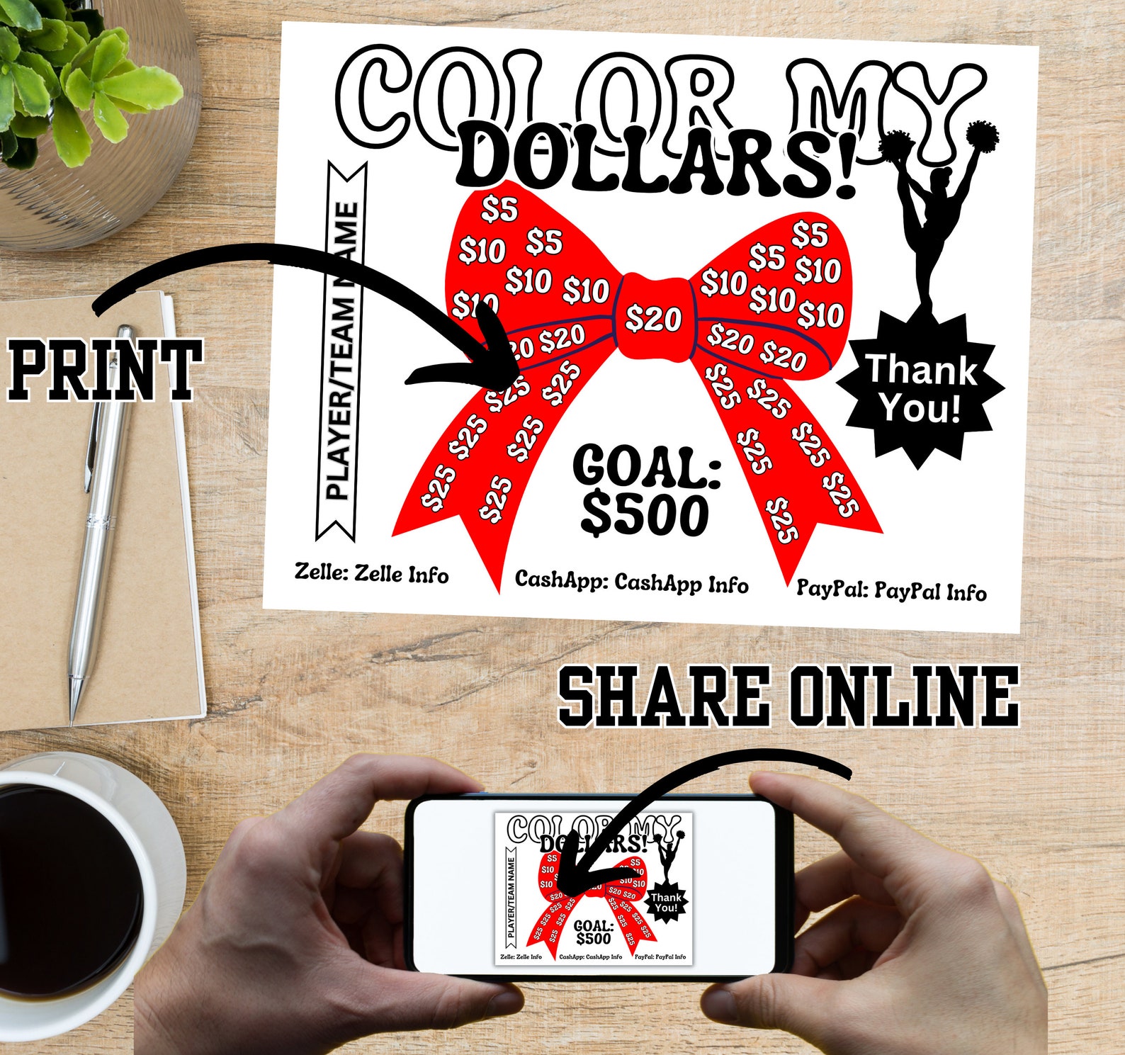 FULLY EDITABLE Cheer Fundraiser Template, Color My Dollars, Fundraising ...