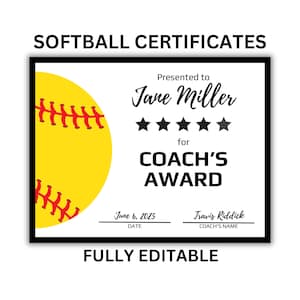 EDITABLE Softball Award Certificates | Softball Awards | End of Year ...