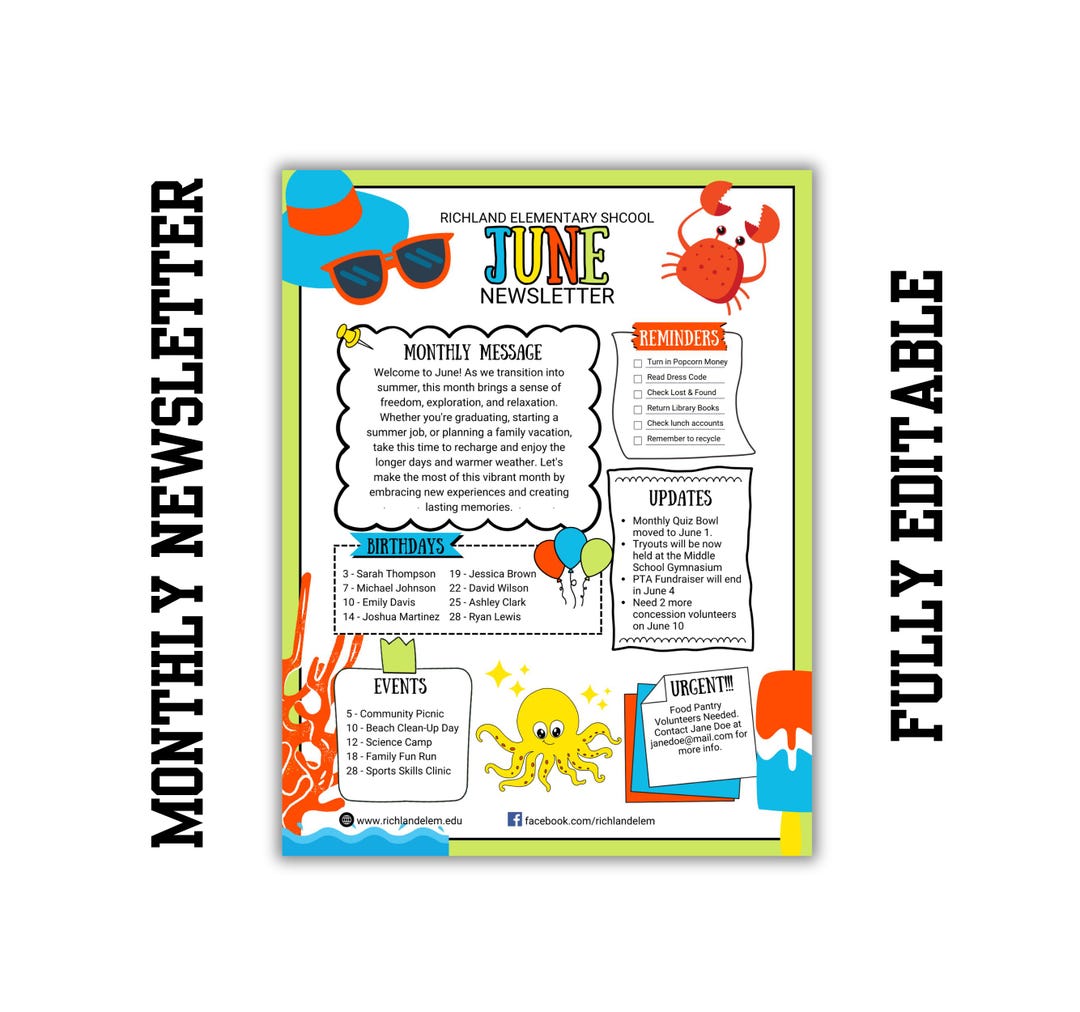 JUNE MONTHLY NEWSLETTER, All Elements Are Editable, Great for Schools ...