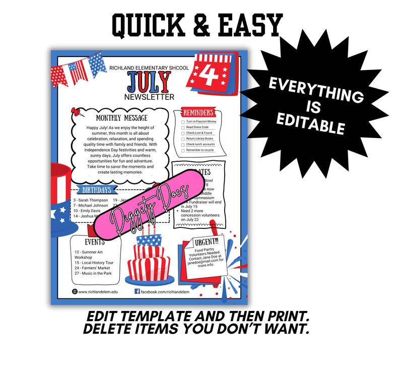 JULY MONTHLY NEWSLETTER, All Elements Are Editable, Great for Schools ...