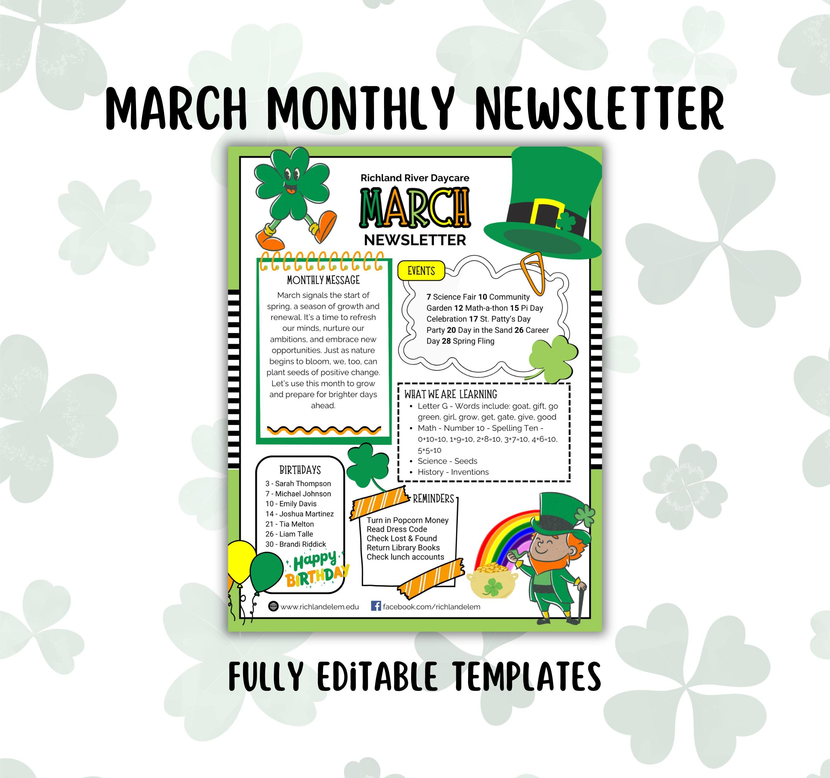 MARCH MONTHLY NEWSLETTER, All Elements Are Editable, Great for Schools ...