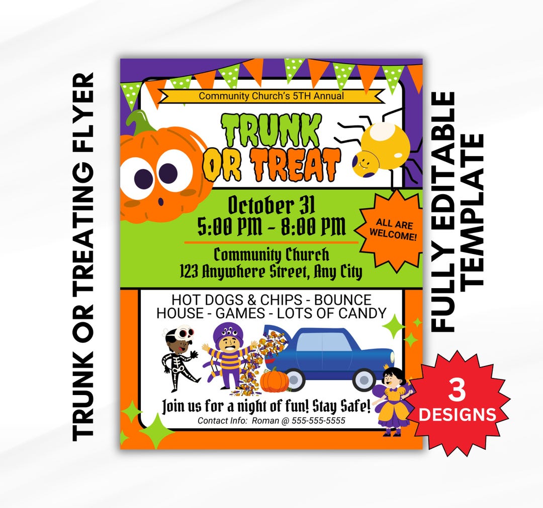 TRUNK OR TREAT Editable Flyer Template, 3 Unique Designs, Halloween ...