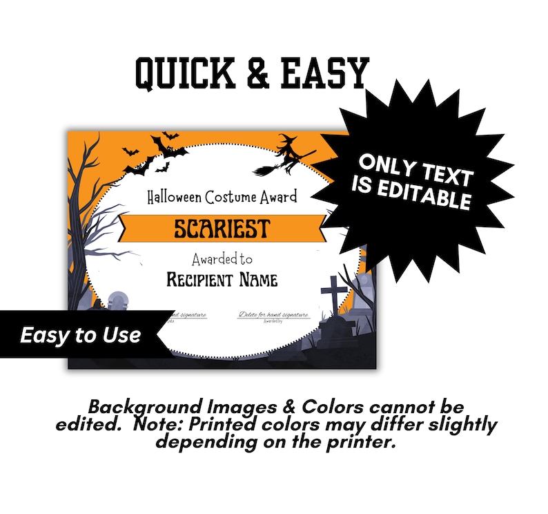 Halloween Costume Award Certificates - Best Costume, Scariest, Most ...