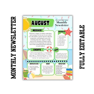 AUGUST MONTHLY NEWSLETTER, All Elements Are Editable, Great for Schools ...