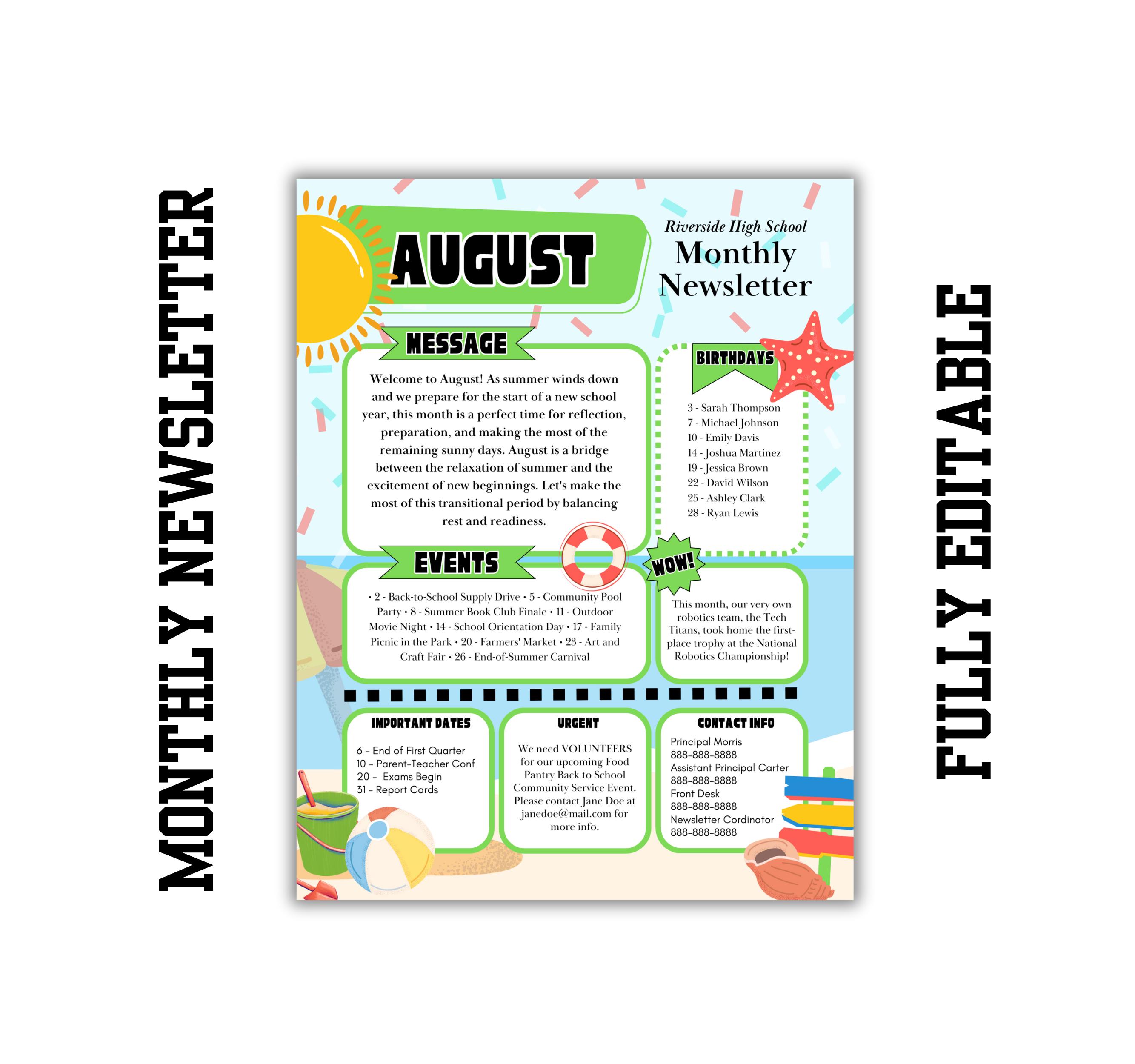 AUGUST MONTHLY NEWSLETTER, All Elements Are Editable, Great for Schools ...