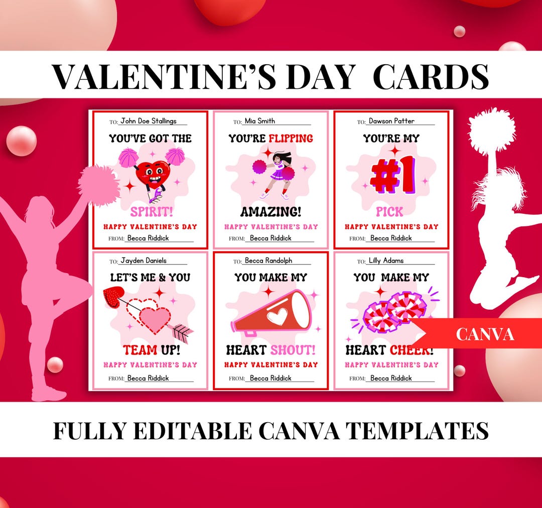 Editable Cheer Valentine’s Day Cards for Students, Printable Sports ...