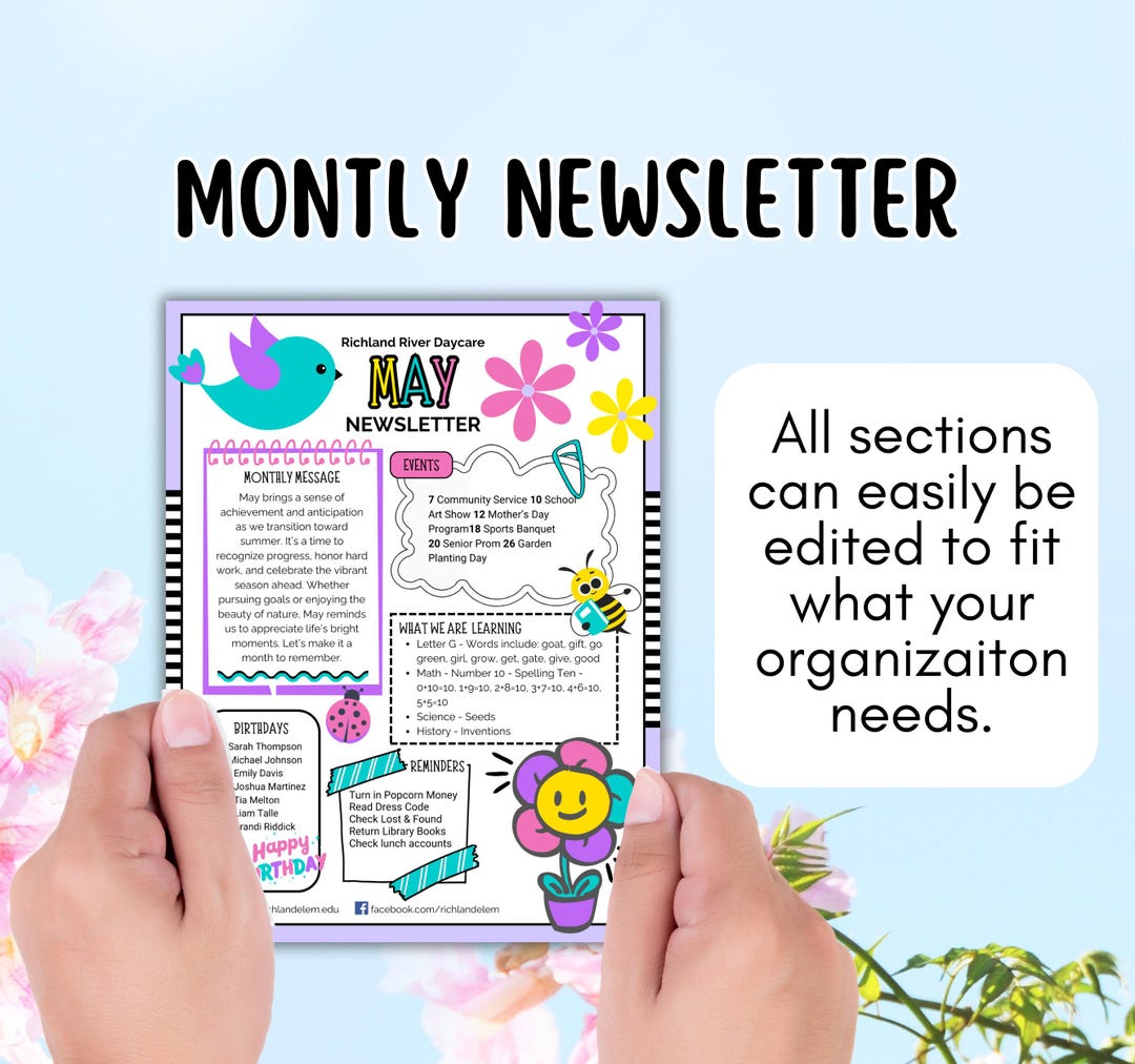 MAY MONTHLY NEWSLETTER, All Elements Are Editable, Great for Schools ...