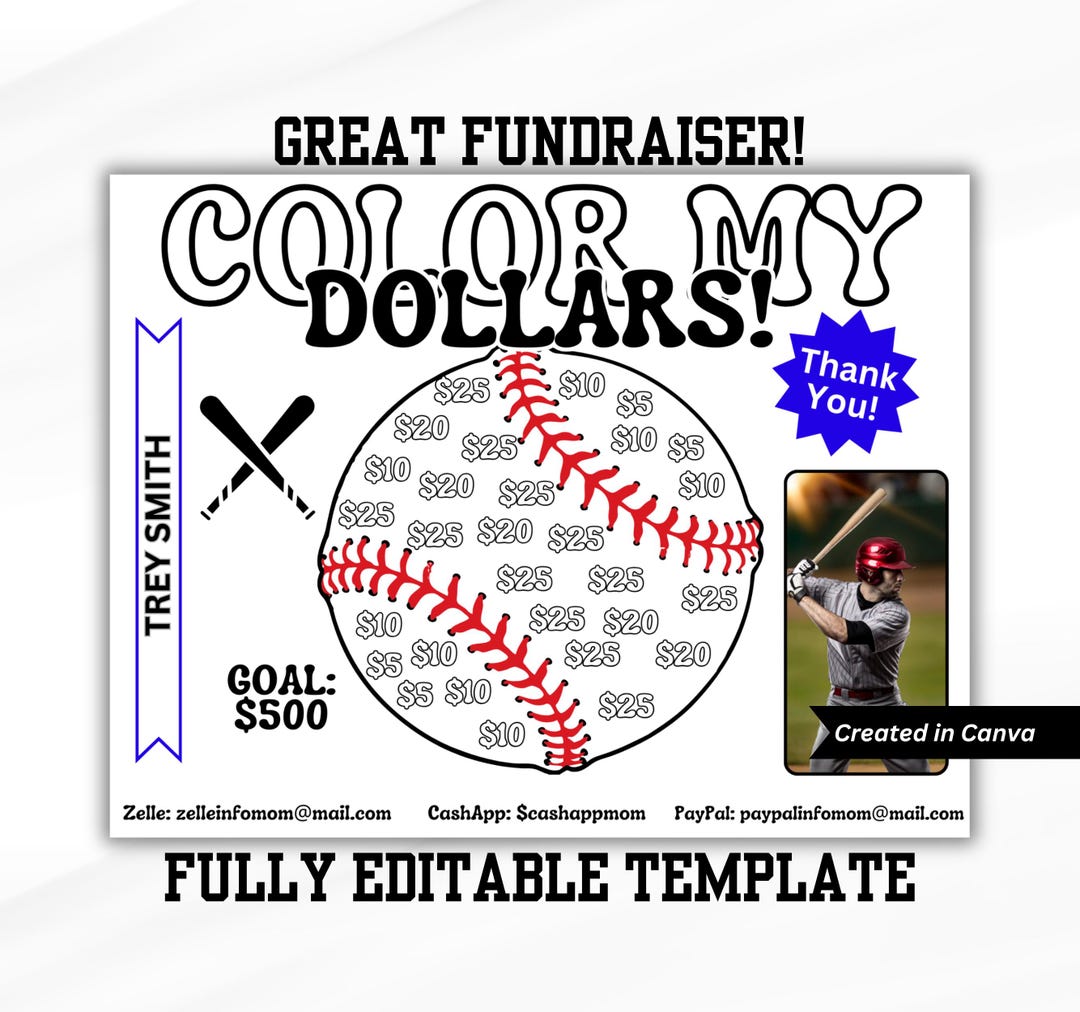 FULLY EDITABLE Color My Dollars Baseball Fundraiser, 11" X 8.5", Color ...
