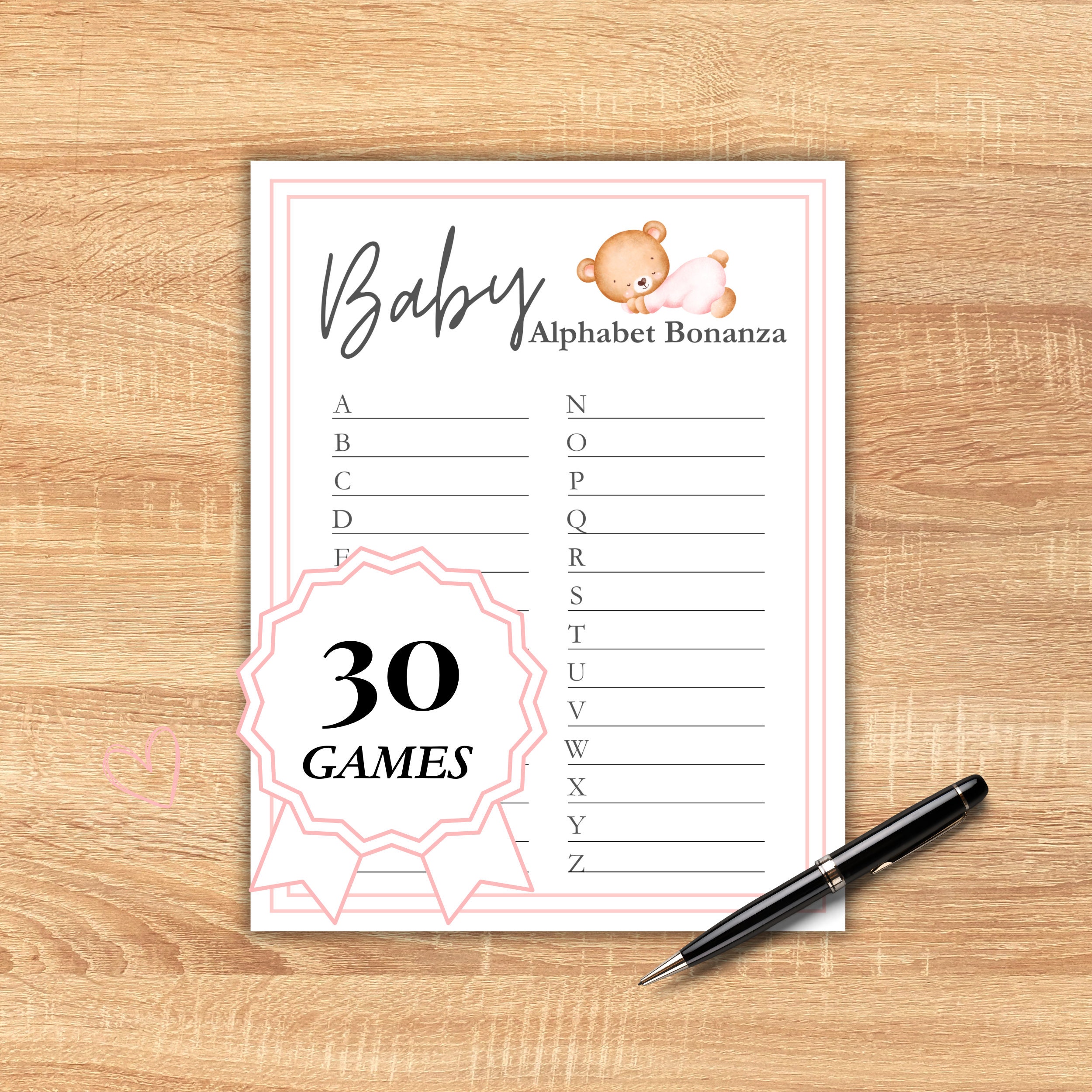 BABY SHOWER GAMES | Printable | Pink Bear Design | Set of 30, Non ...