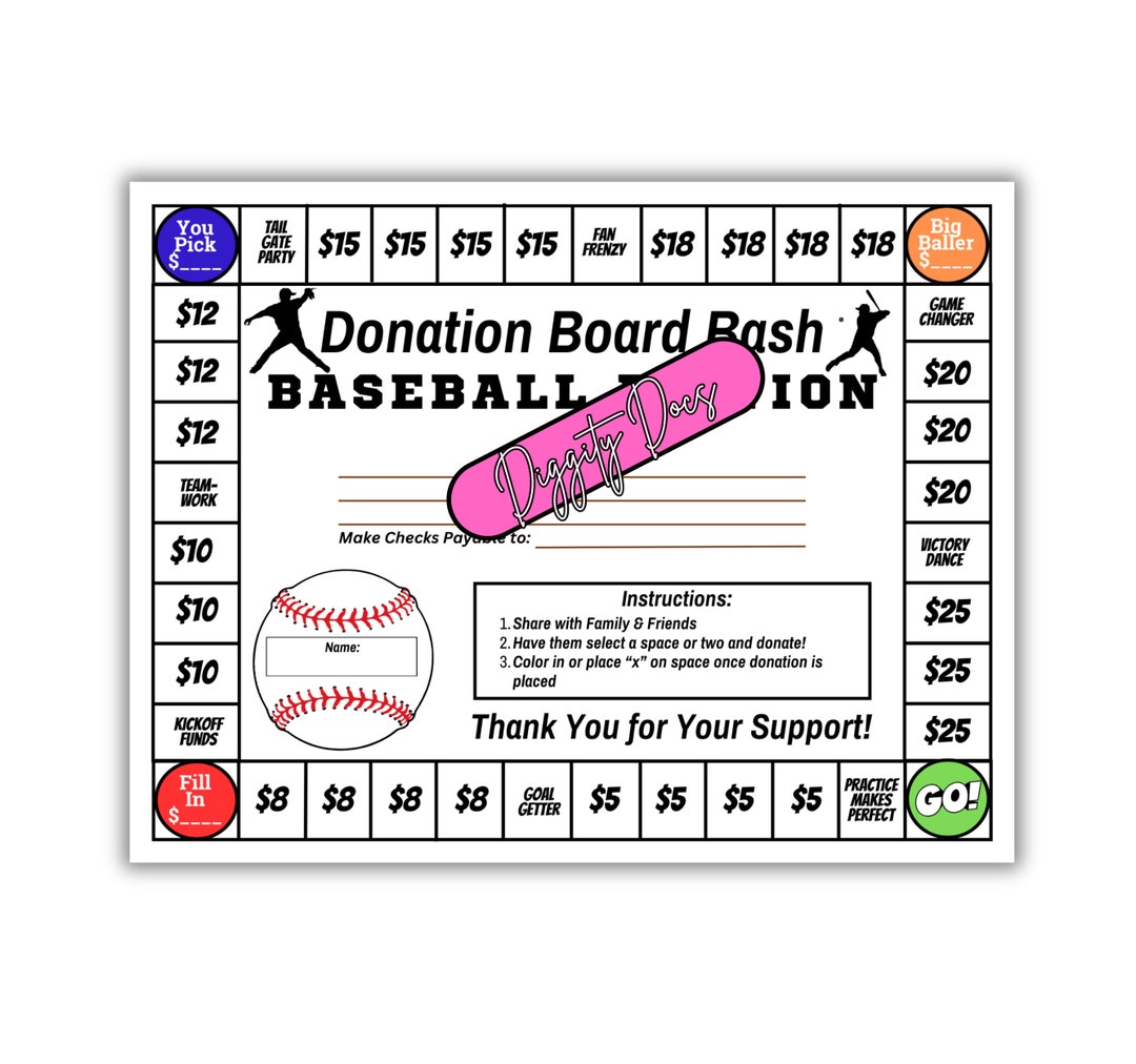BASEBALL Fundraiser Printable Donation Board Bash AAU Travel ...