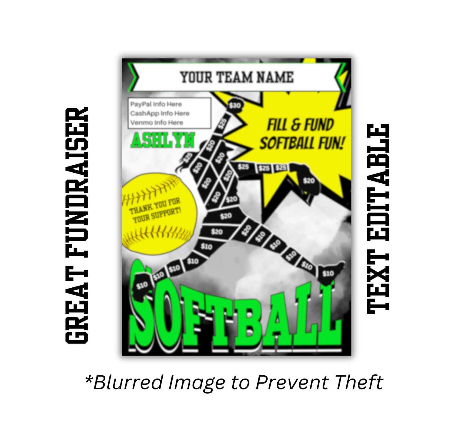 EDITABLE SOFTBALL Fill & Fund Fundraiser Softball Fundraiser Sheet AAU ...